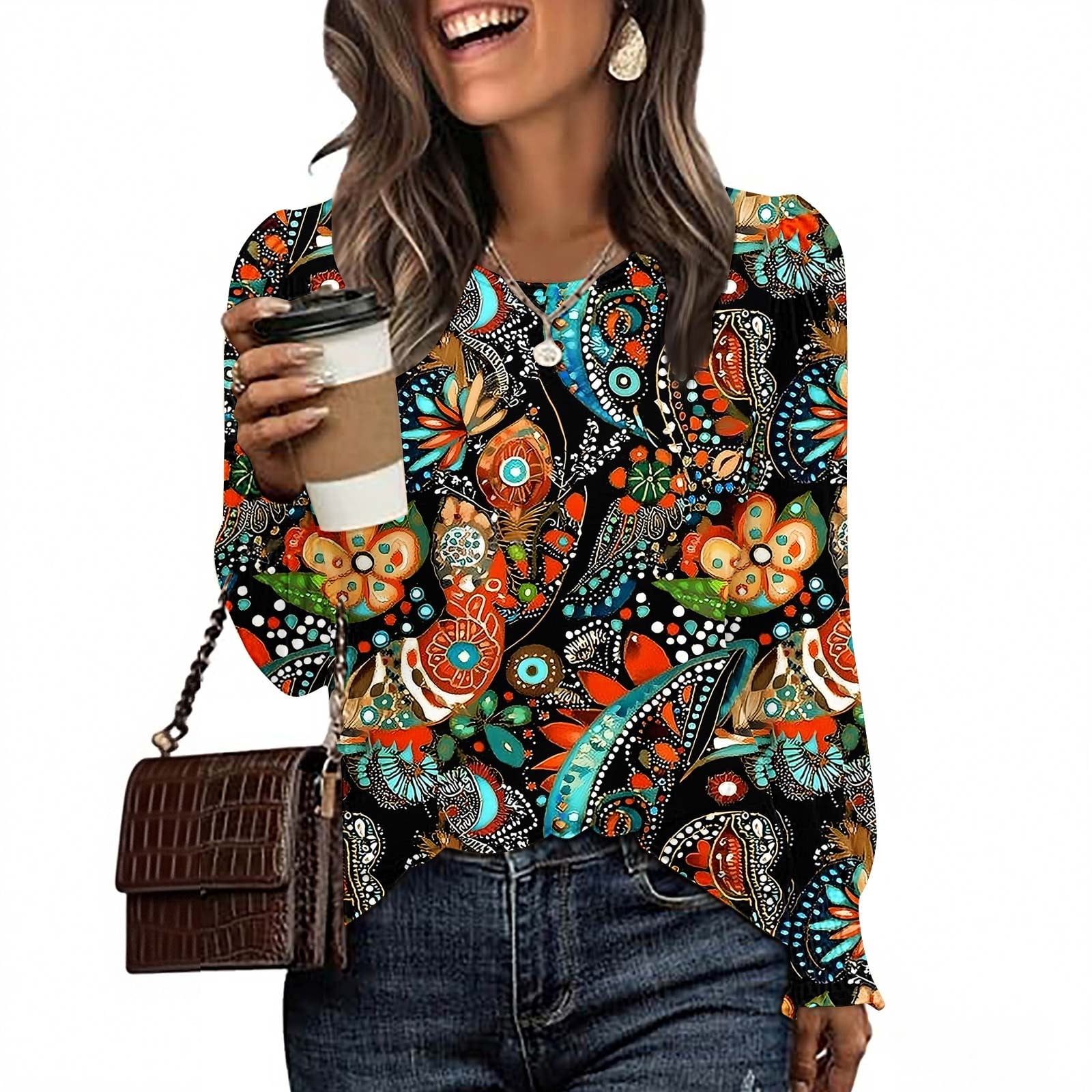 Felirenzacia Women’s Crew Neck Long Sleeve Dress Shirts Loose Fit ...