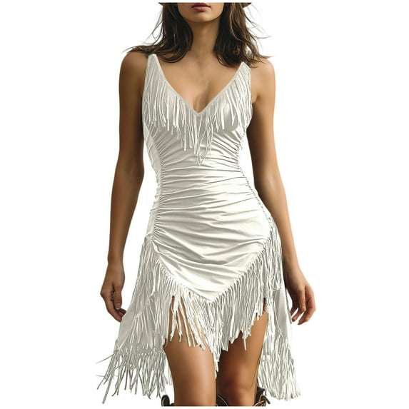 Felirenzacia Women's Faux Suede Tassel Mini Dresses V Neck Sleeveless ...