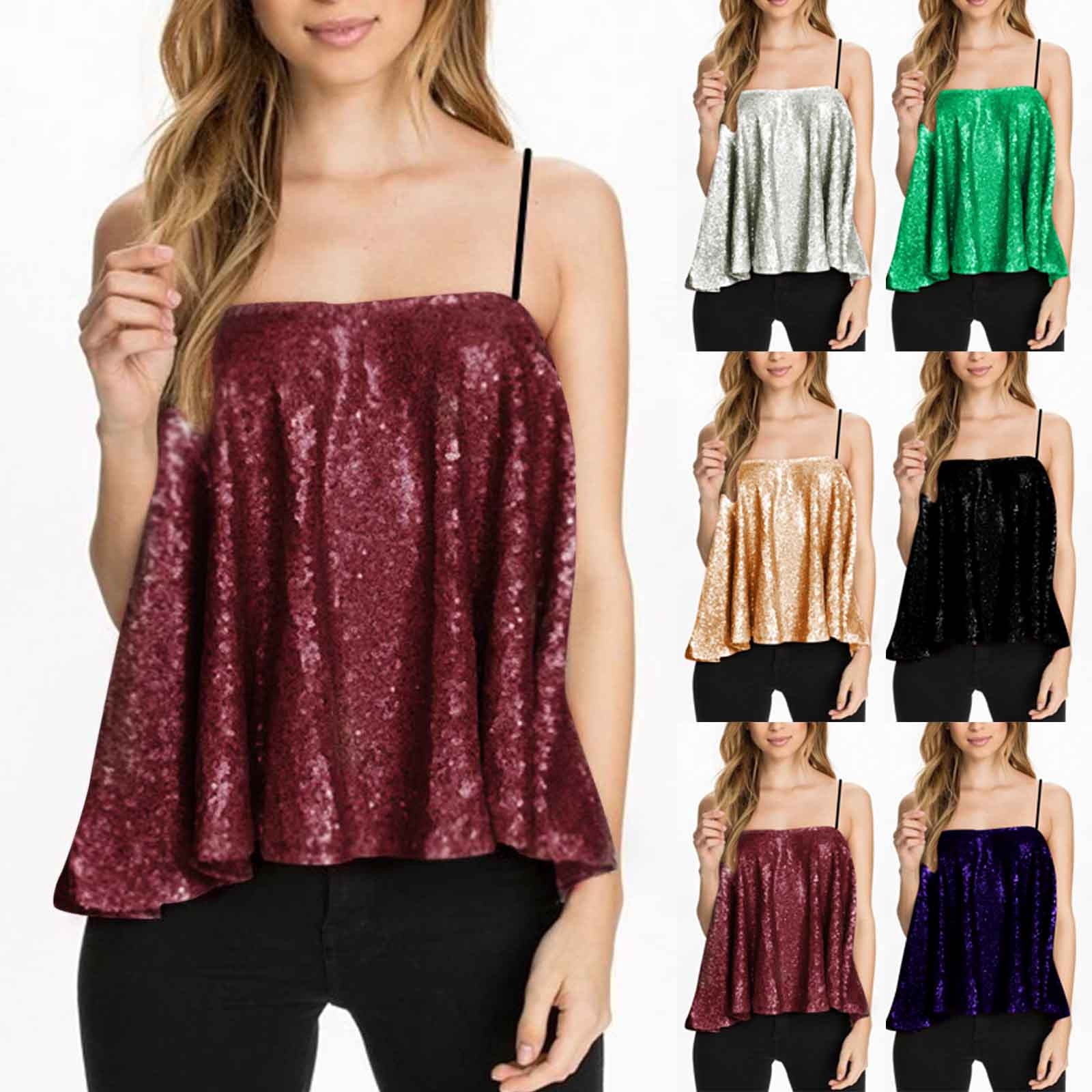 Felirenzacia Women's Glitter Sequin Tank Top Spaghetti Strap Party ...