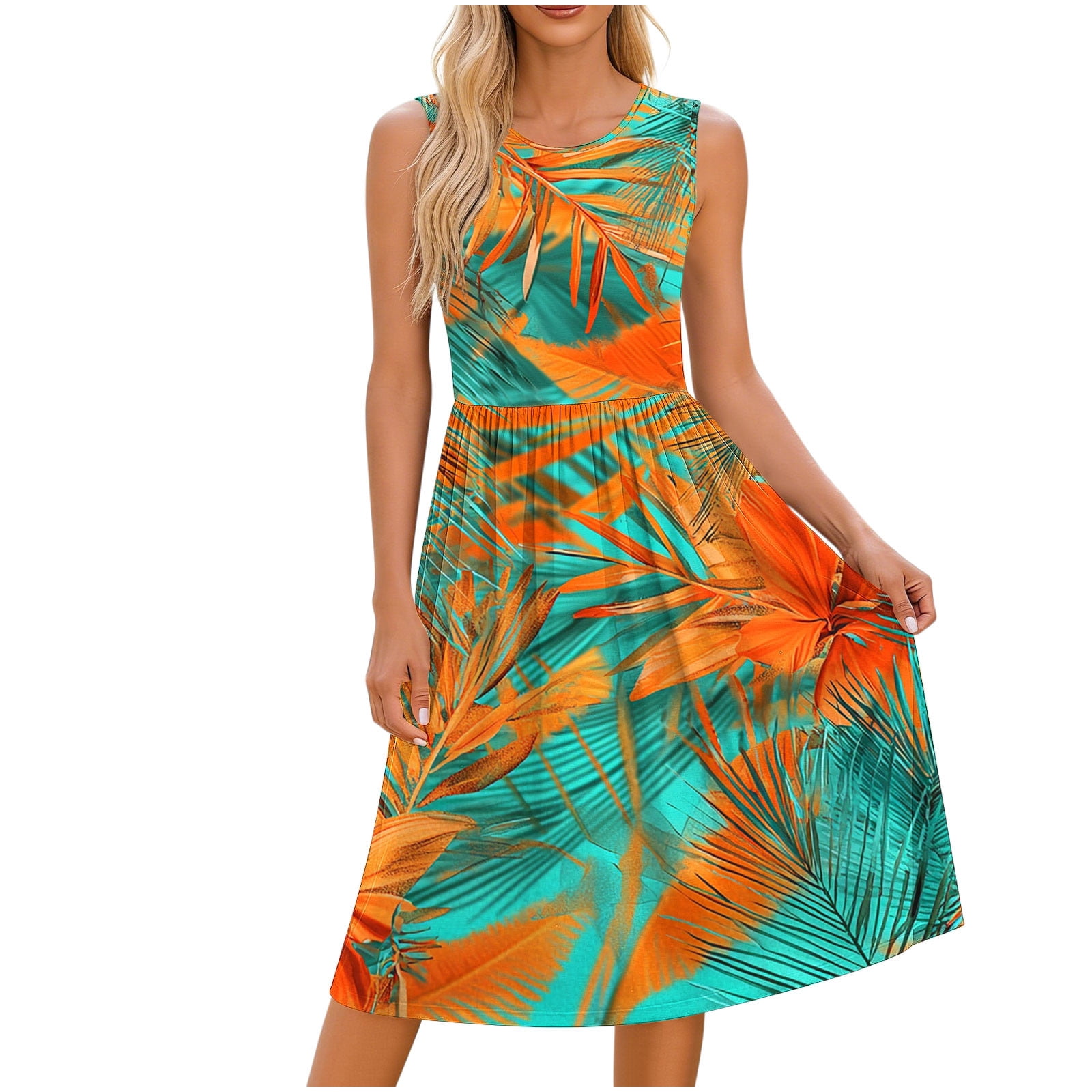 Felirenzacia Women's Modest Leaves Grapghic Summer Midi Sundresses ...