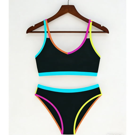 Felirenzacia Women's Neon Color Block 2 Piece Bikinis, Halter V Neck ...