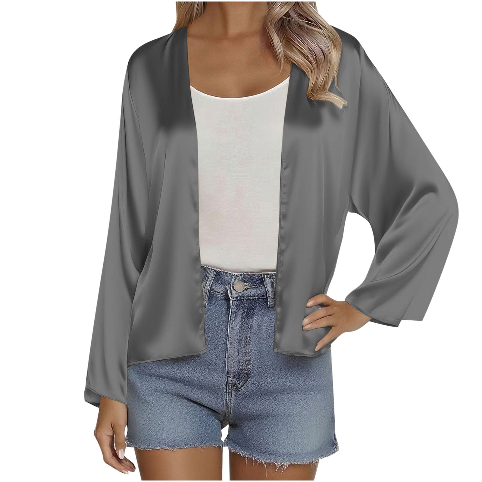 Felirenzacia Women's Satin Cardigan Open Front Long Sleeve Cropped ...