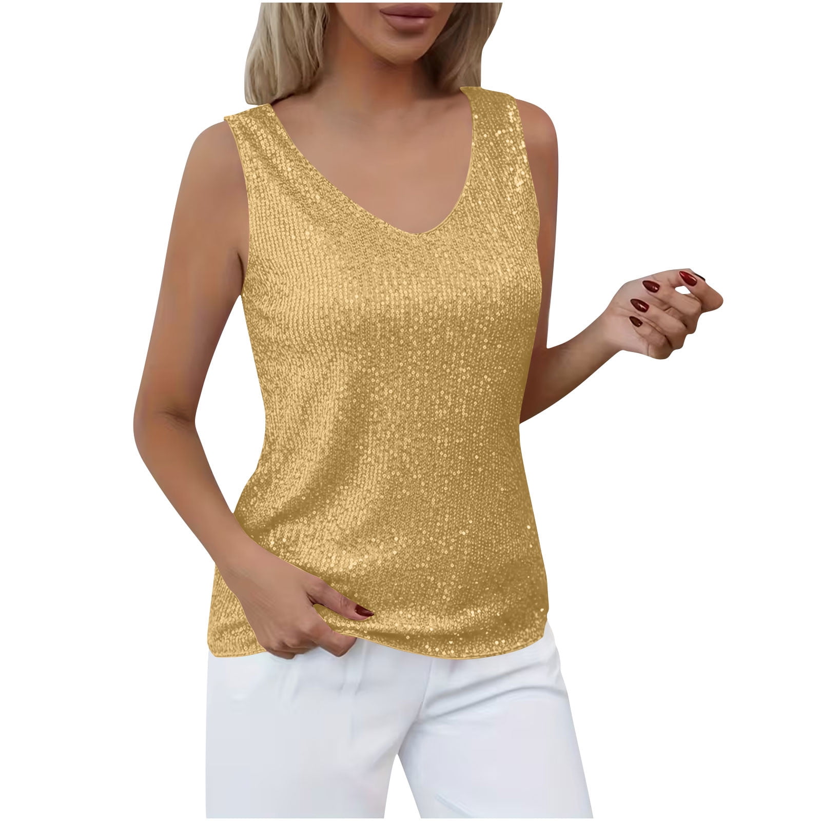 Felirenzacia Women's Sequin Tank Tops V Neck Sparkly Tops Sleeveless ...