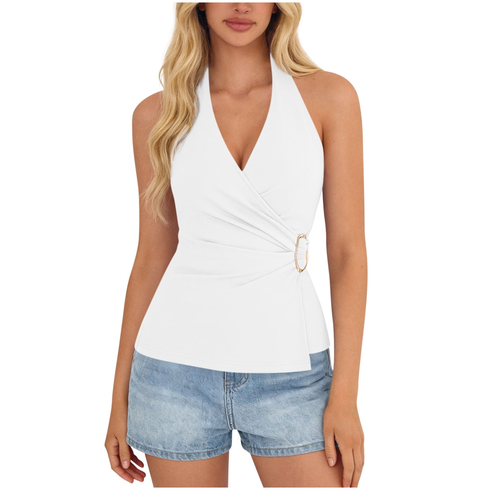 Felirenzacia Womens Halter Top Tie Wrap Sleeveless Ruched V Neck Fitted ...