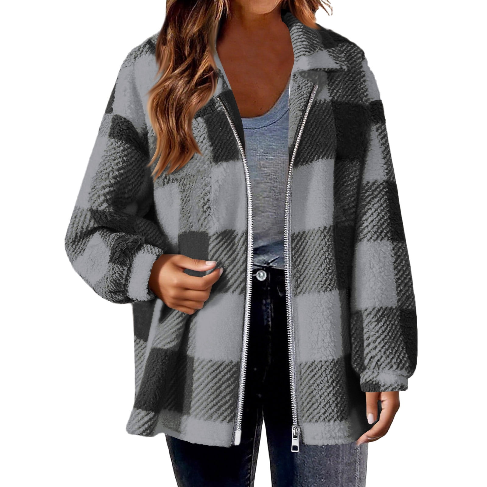 Felirenzacia Womens Plaid Shacket Jacket Long Sleeve Zip Up Fleece ...