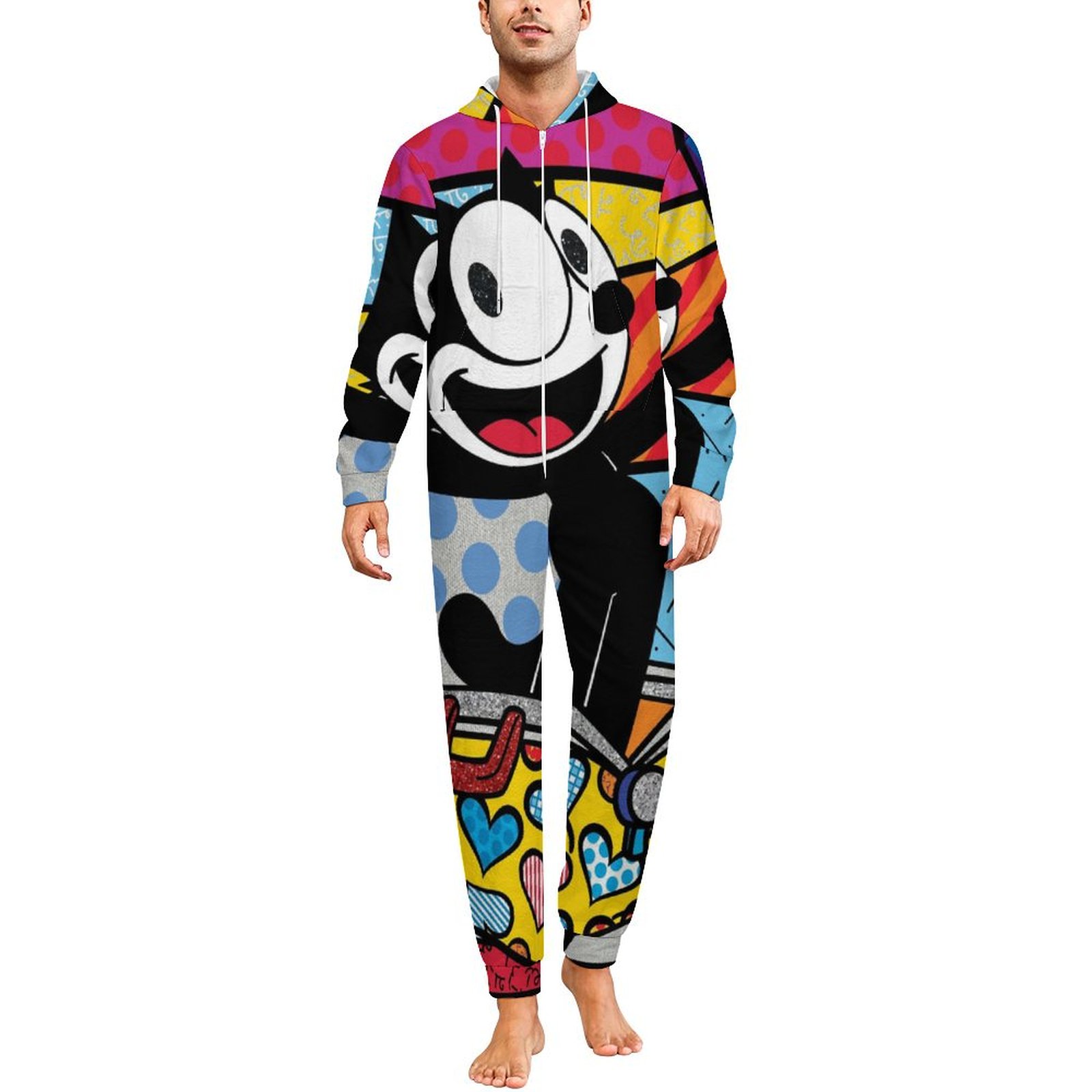 Felix The Cat Men's Hooded Jumpsuit - Zip Up One Piece Pajamas Soft ...