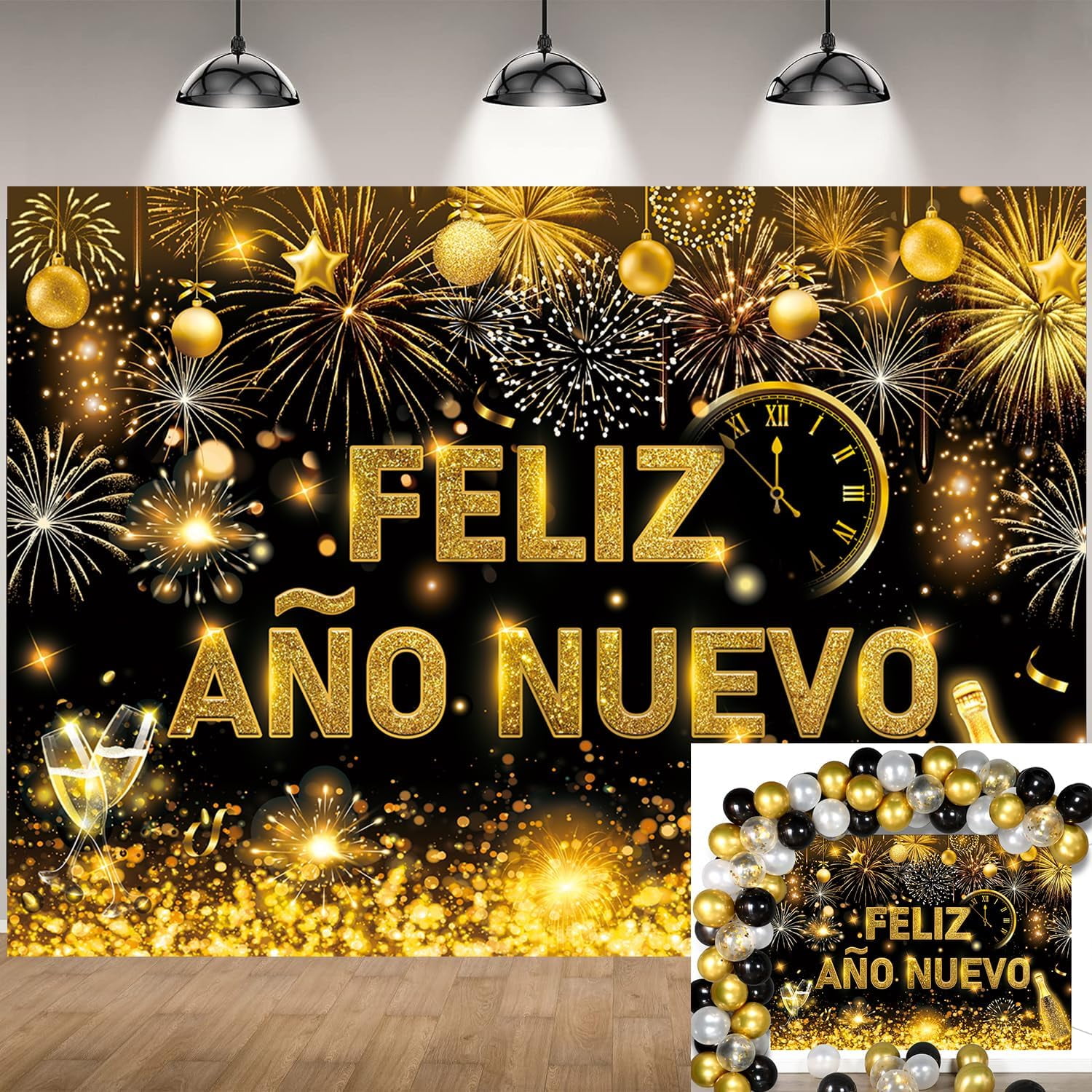 Feliz Año Nuevo Backdrop Spanish Happy New Year Background Black Gold ...