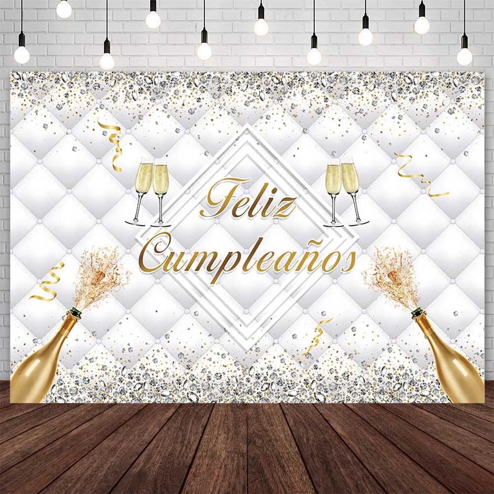 Feliz Cumpleaños Backdrop Gold Silver Birthday Photography Background White Happy Birthday Party ...