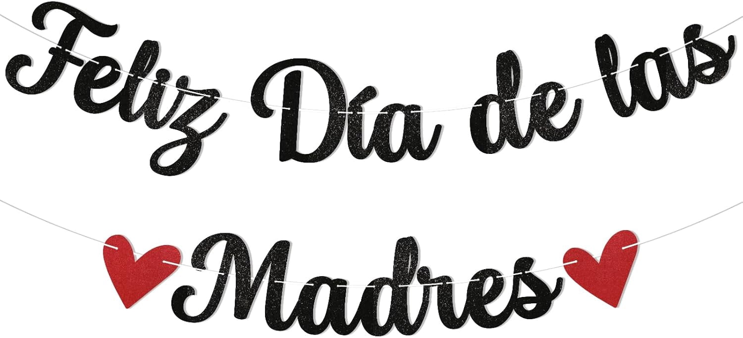 Feliz Dia de las Madres Banner (Black Glitter with Red Heart Icons ...