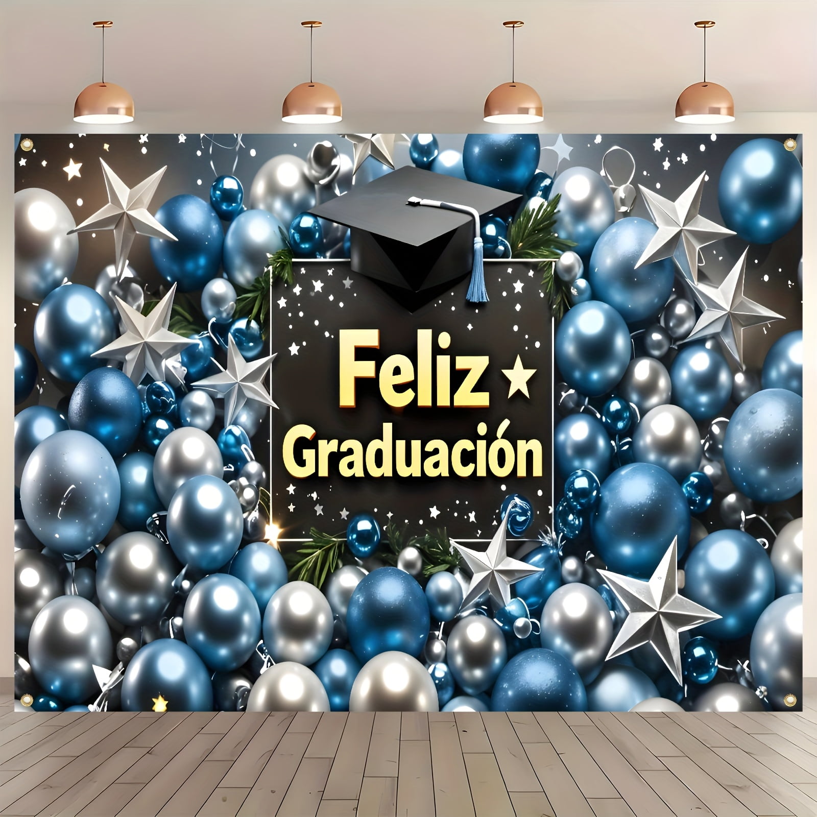 Feliz Graduation Backdrop Blue Balloons and Mortarboard Spanish ...
