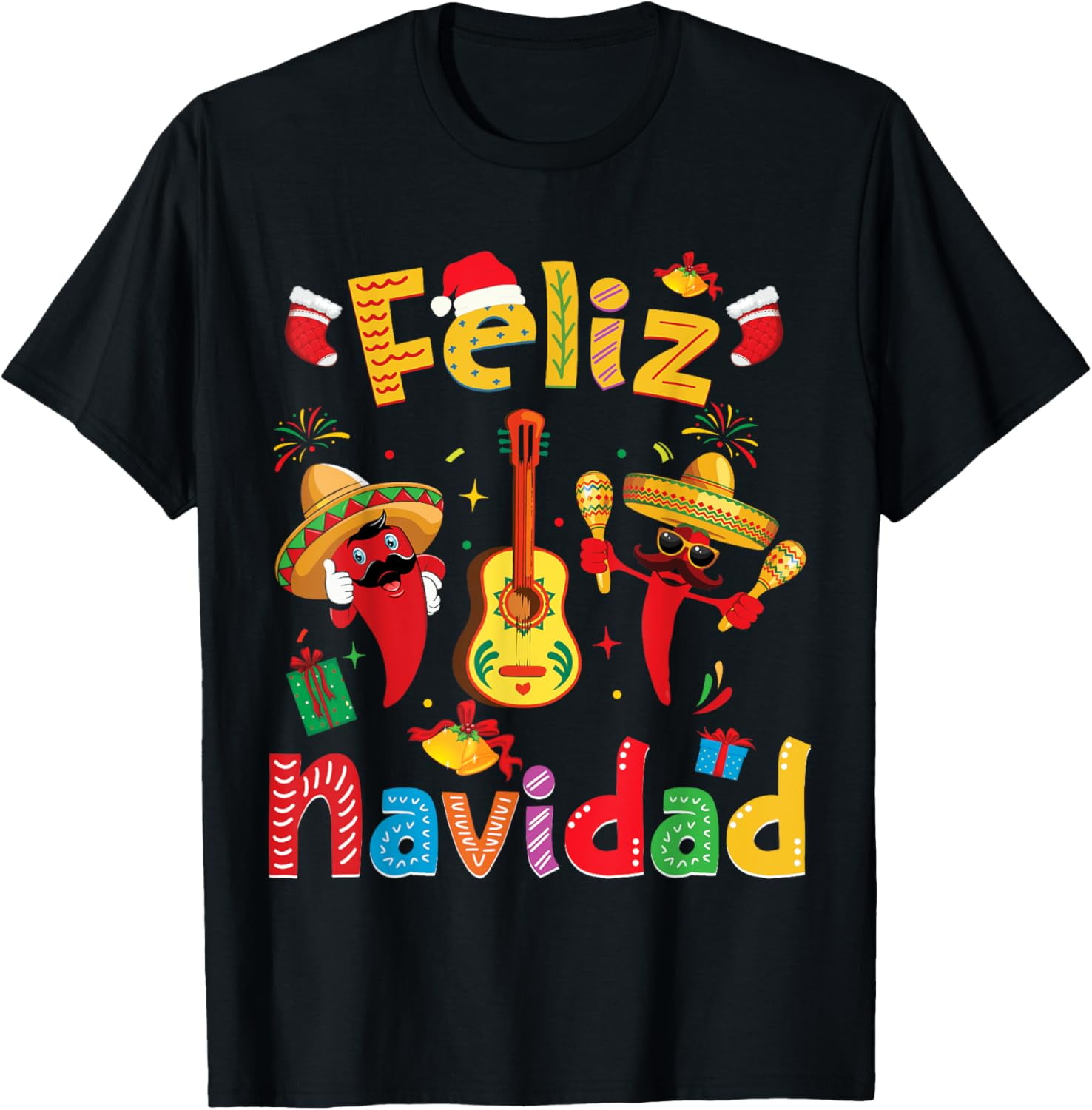 Feliz Navidad Mexican Fiesta Hot Pepper Guitar Xmas Party T-Shirt ...