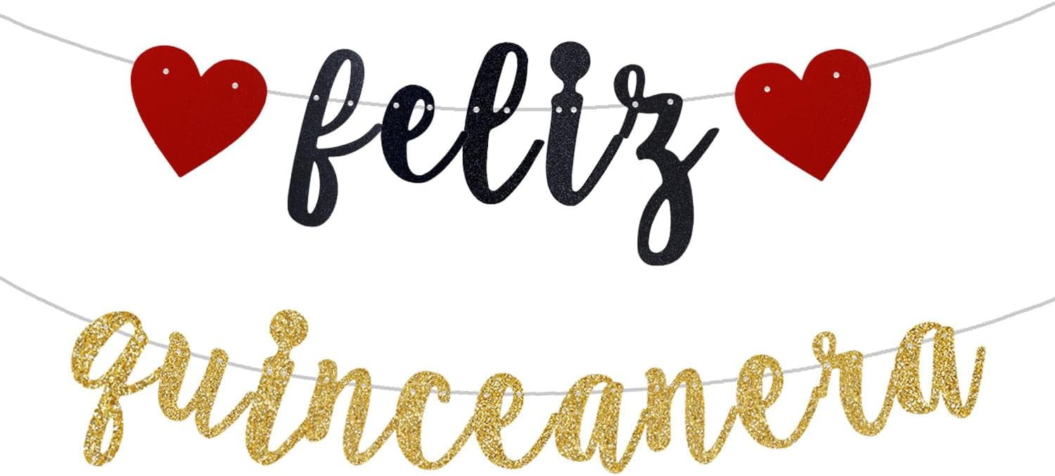 Feliz Quinceanera Banner, Black & Gold Glitter Happy Quinceanera ...
