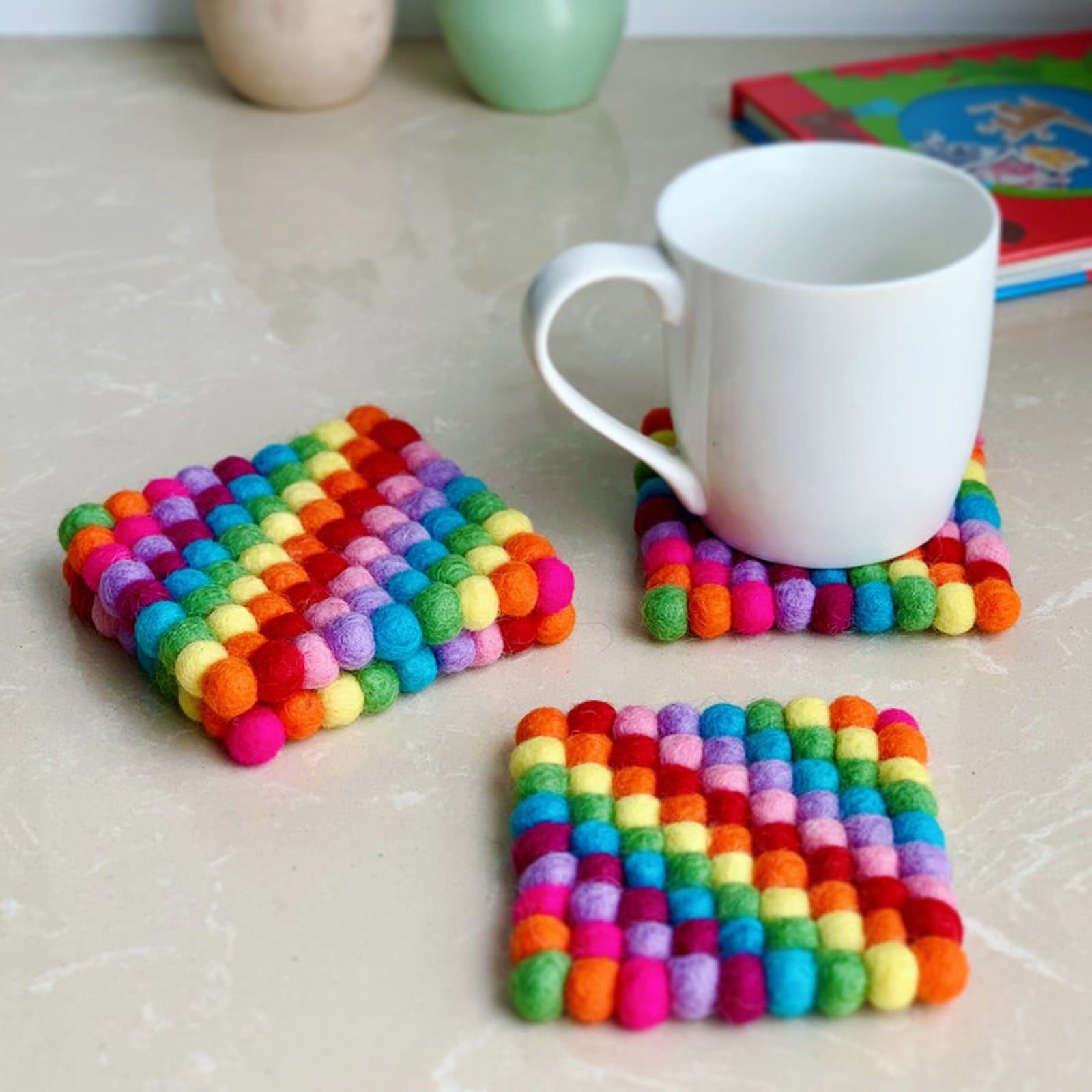 Felt-Ball-Coasters Set, Felt-Coasters, Wool Felt-Coaster, Felted ...