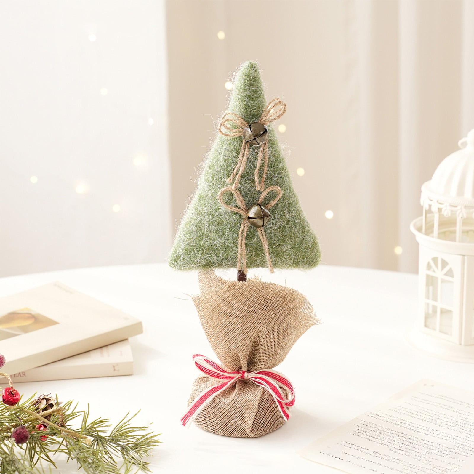 Felt Bells & Bow Christmas Tree Ornament | Green & Red Tabletop Decor ...