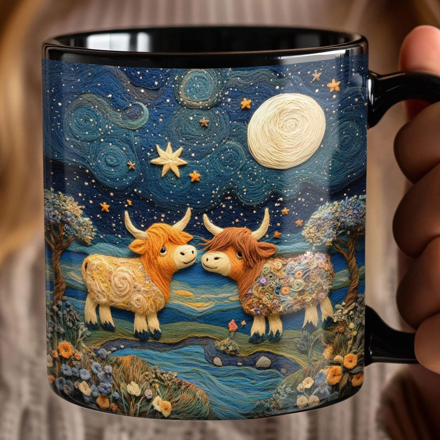 Felted-look Highland Cows, Romance and Stars, Coffee Cup, Ceramic Tea ...