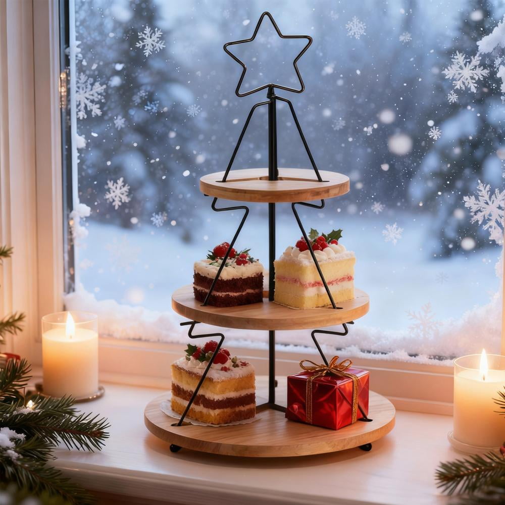 Feltree Christmas Tree Shaped 3-Tier Wooden Cake Stand, Decorative ...
