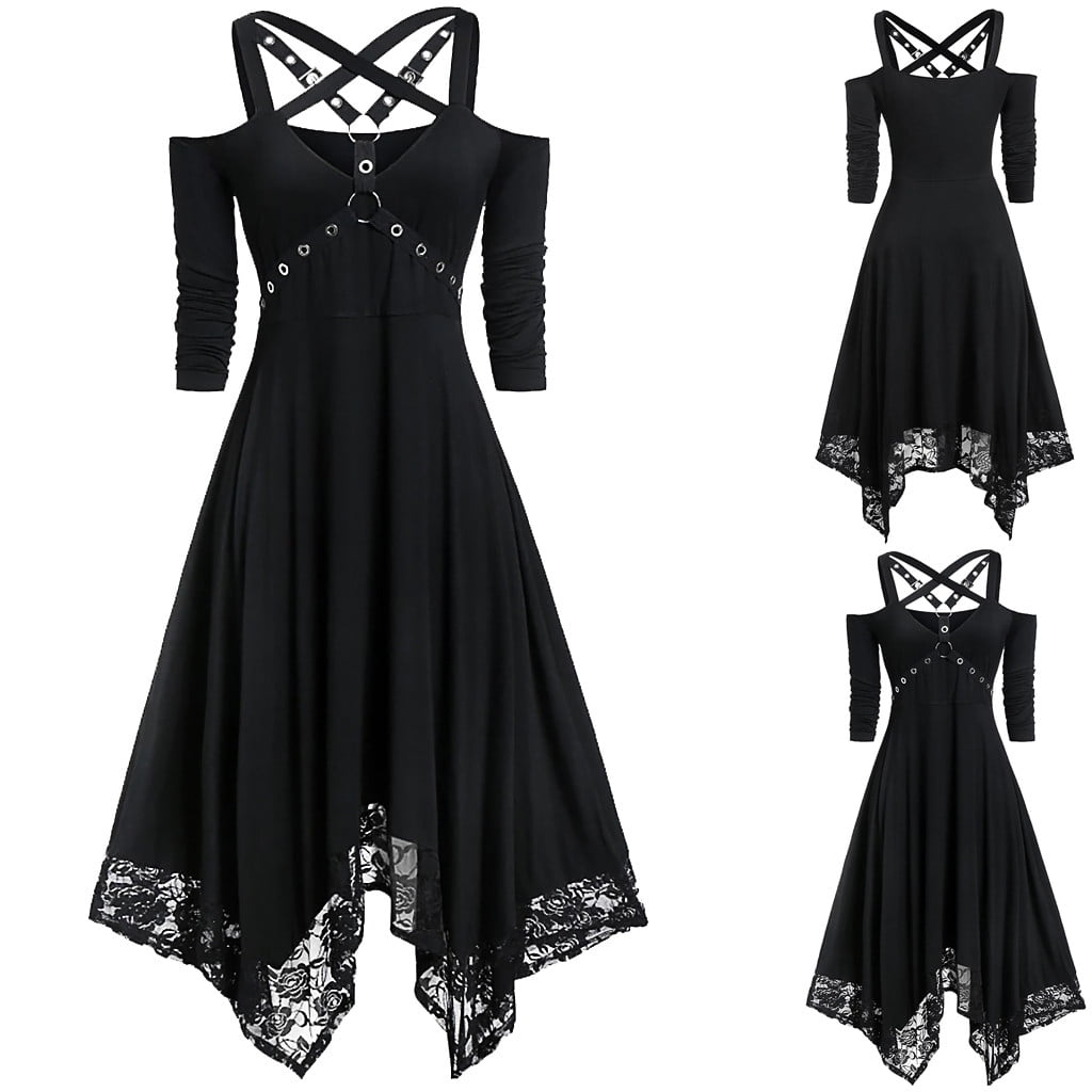 FELTREE Halloween Womens Goth Party Dress, Lace Neck, Strapless, Black ...