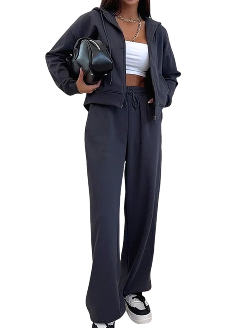 Female 2 Piece Outfits Hoodie Zipper Sweatshirt Wide Leg Pants Matching ...