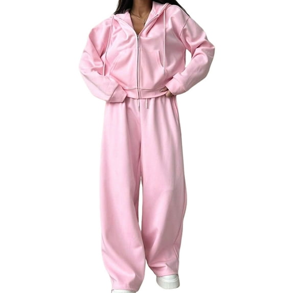 Female 2 Piece Outfits Hoodie Zipper Sweatshirt Wide Leg Pants Matching ...