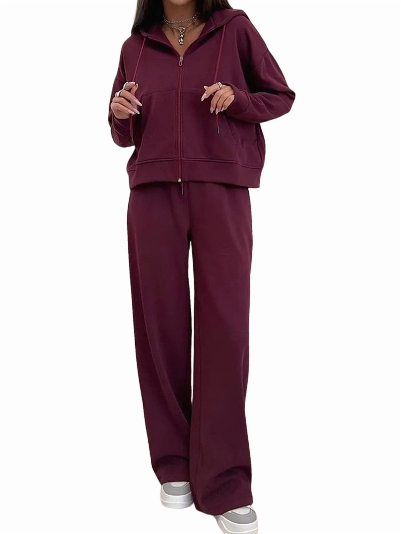 Female 2 Piece Outfits Hoodie Zipper Sweatshirt Wide Leg Pants Matching ...