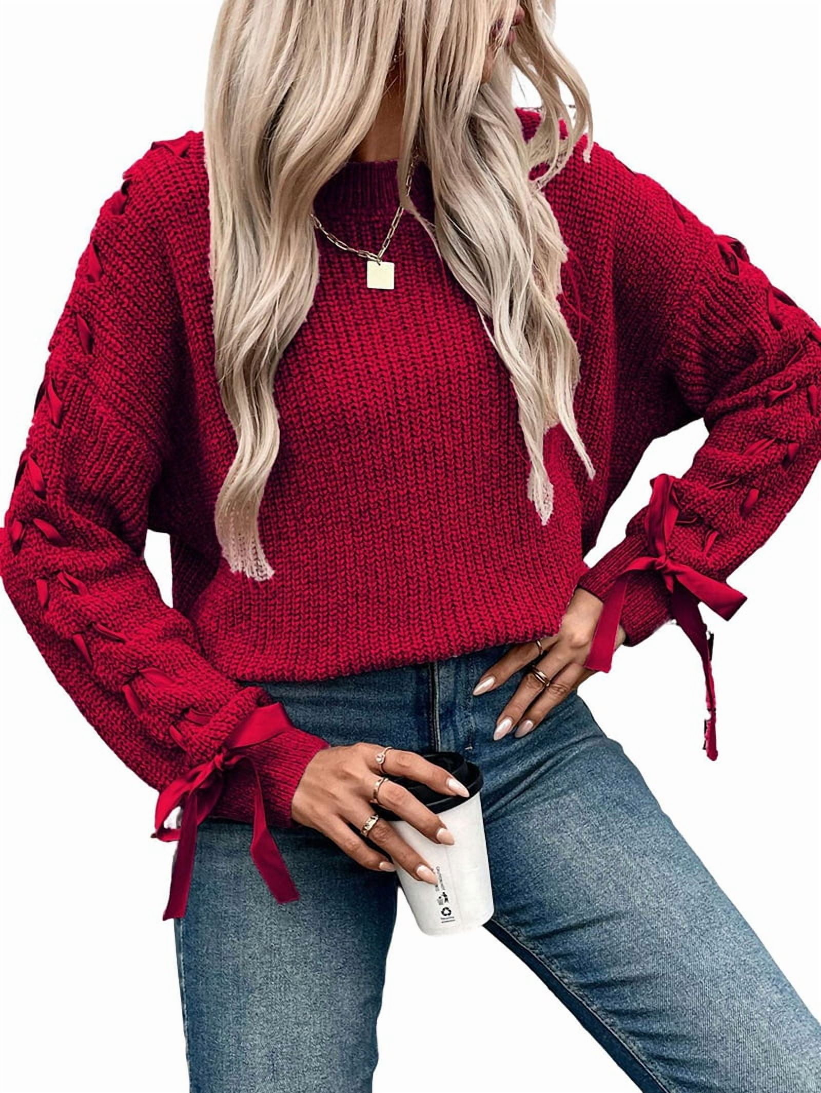 Female Casual Pullover Loose Bows Solid Color Round Neck Trendy Knit ...