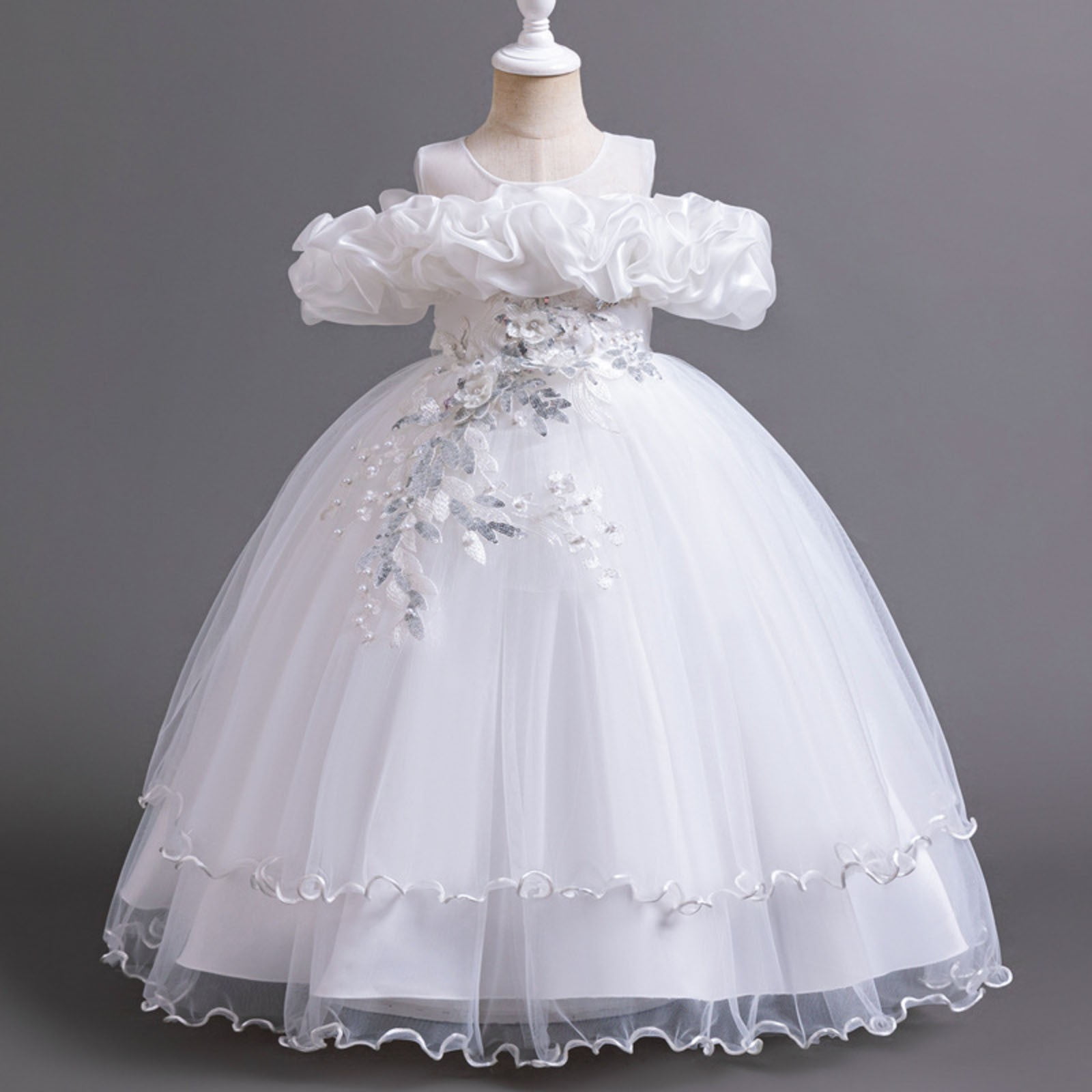 Female Children Summer Short Sleeve Ruffled Lace Round-Neck Embroidery ...