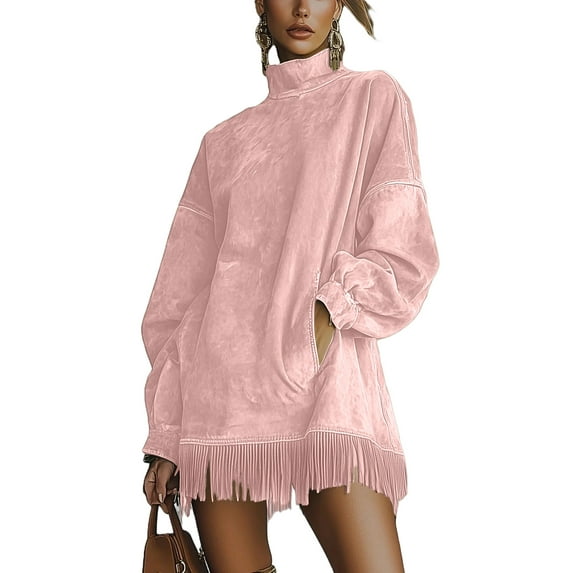 Female Clothing Party Dresses High Collar Suede Retro Loose Pocket ...