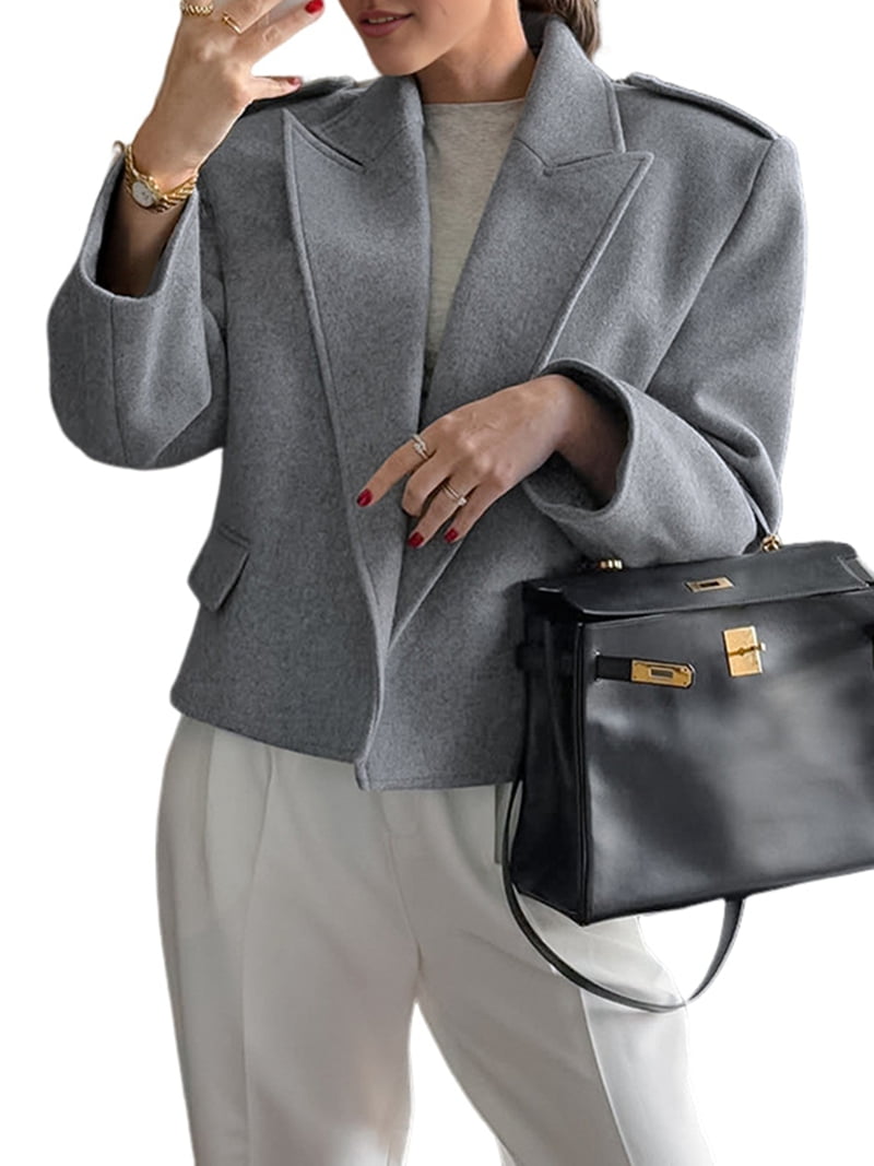 Female Crop Pea Coat Wool Blend Office Work Lapel Collar Short Winter ...