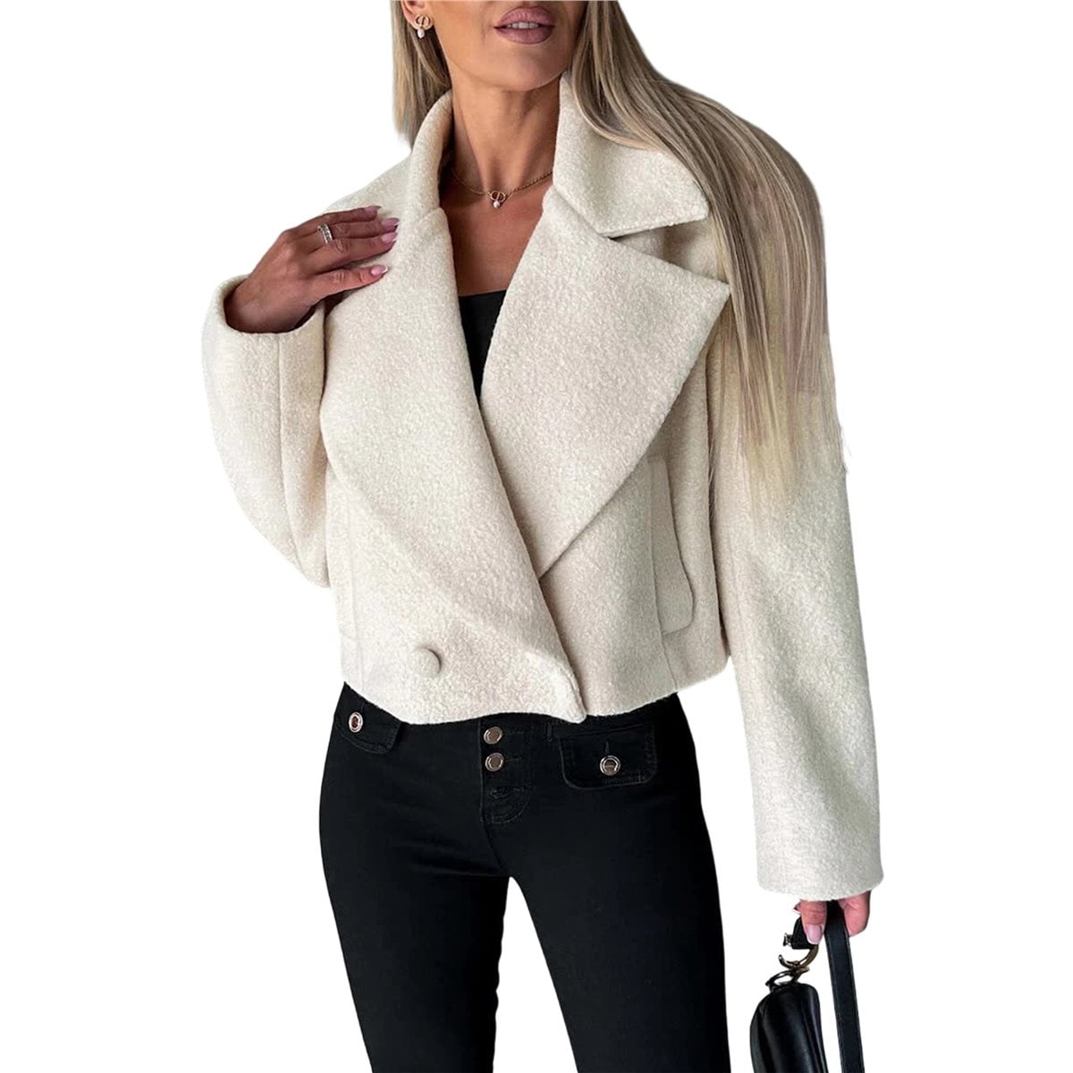 Female Crop Pea Coat Wool Blend Office Work Lapel Collar Short Winter ...