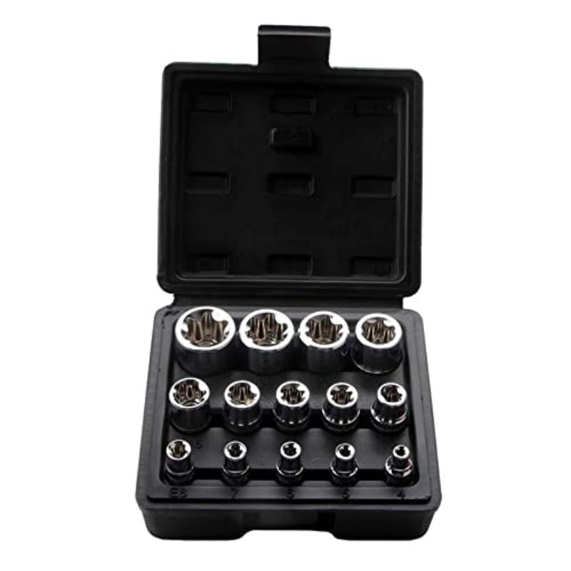 Female E Torx Socket Set with Case, 1/4, 3/8, 1/2 in. Drive E4-E24 External Torque Star Socket ...