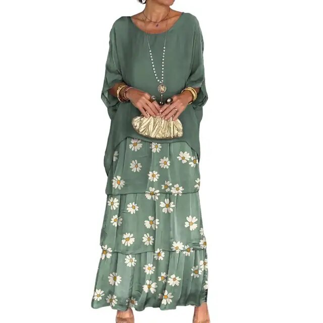 Female Elegant Floral Print Chiffon Boho Long Dress 2024 Spring Round ...