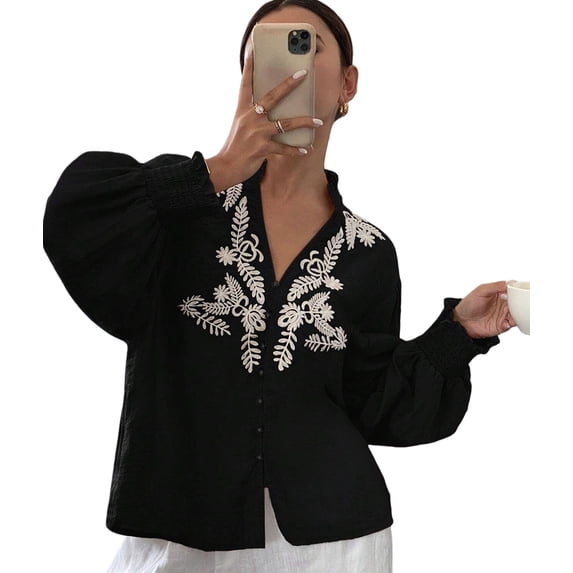 Female Embroidered Puff Sleeve Blouse, Vintage Floral Boho V-Neck ...