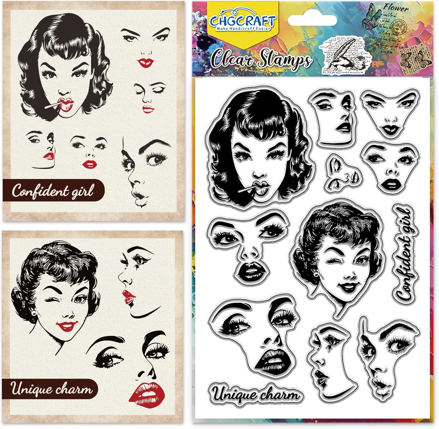 Female Face Clear Stamps Facial Expressions Transparent Stamps Retro ...