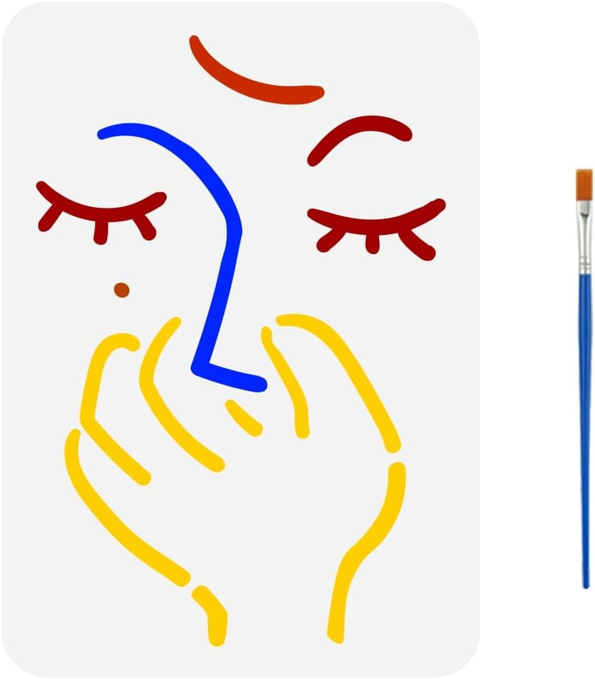 Female Face Fun Lines Stencil with a Paint Brush 11.7x8.3Inch Abstract ...