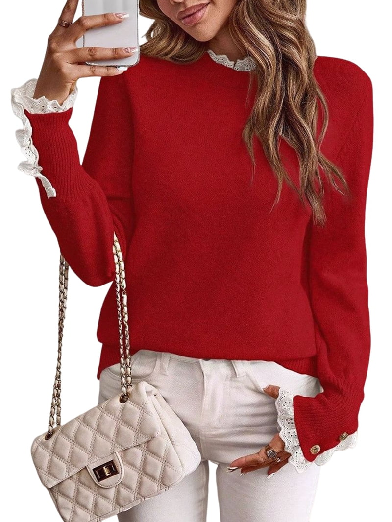 Female Fall Sweaters Lace Peplum Mock Neck Cozy Sweater Pullover Red M ...