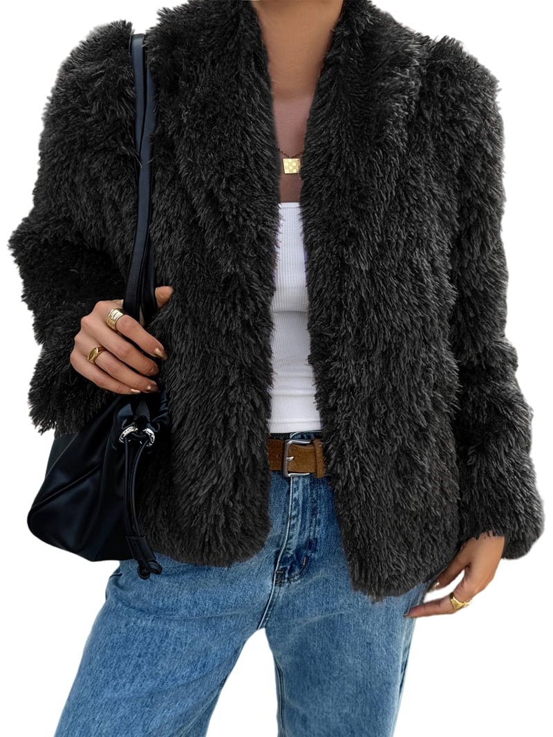 Female Faux Fur Coat Cropped Lapel Fur Jacket Long Sleeve Open Front ...