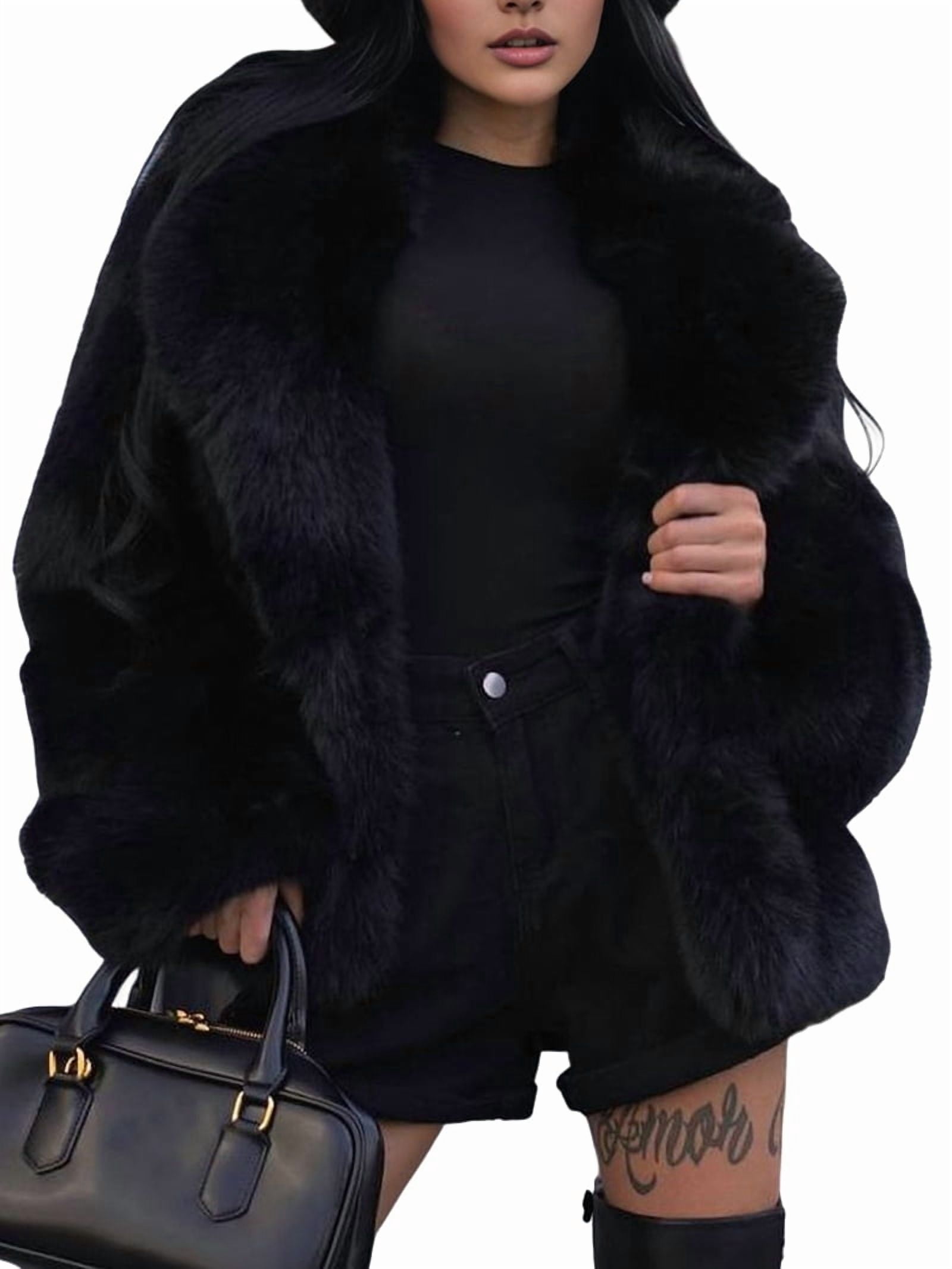 Female Faux Fur Coat Faux Fur Jacket Long Sleeve Lapel Furry Winter ...