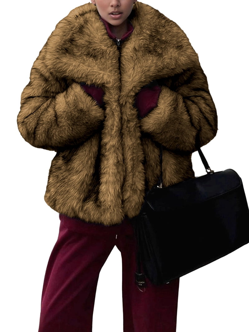 Female Faux Fur Coat Faux Fur Jacket Long Sleeve Lapel Furry Winter ...