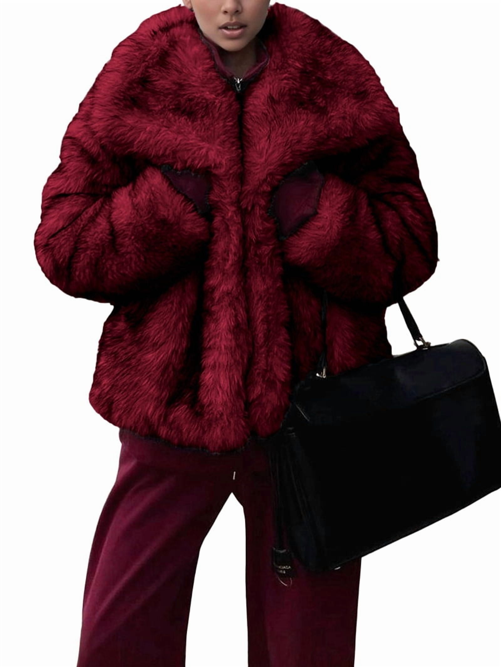 Female Faux Fur Coat Faux Fur Jacket Long Sleeve Lapel Furry Winter ...