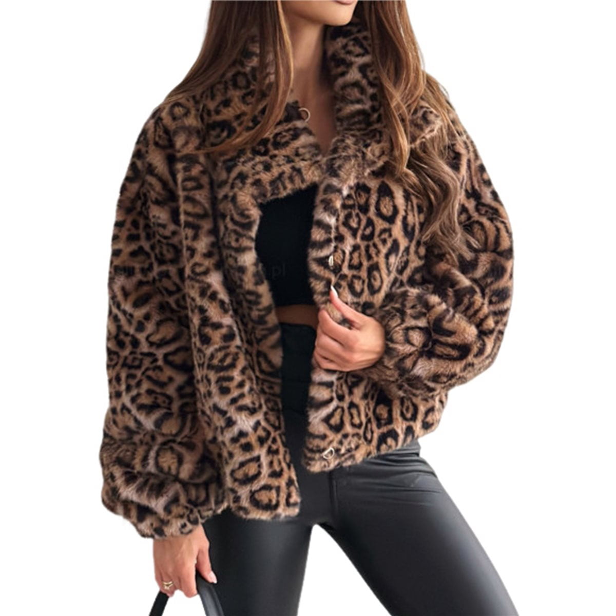 Female Faux Fur Long Coat Button Down Lapel Fleece -Jacket Leopard ...