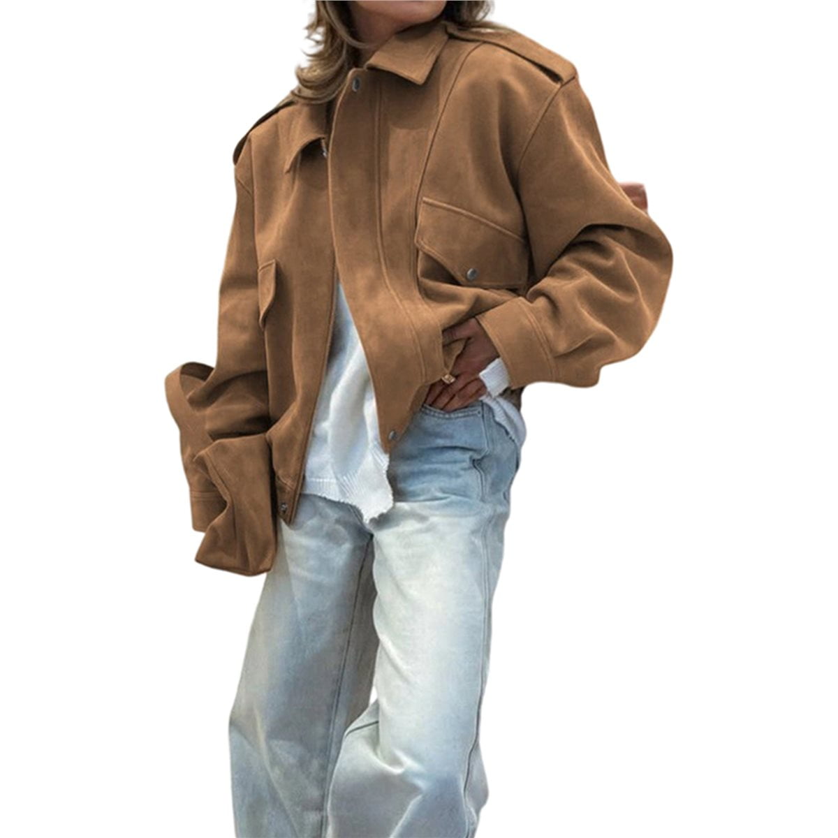 Female Faux Suede Leather Jacket Cropped Button Down Long Sleeve Casual ...