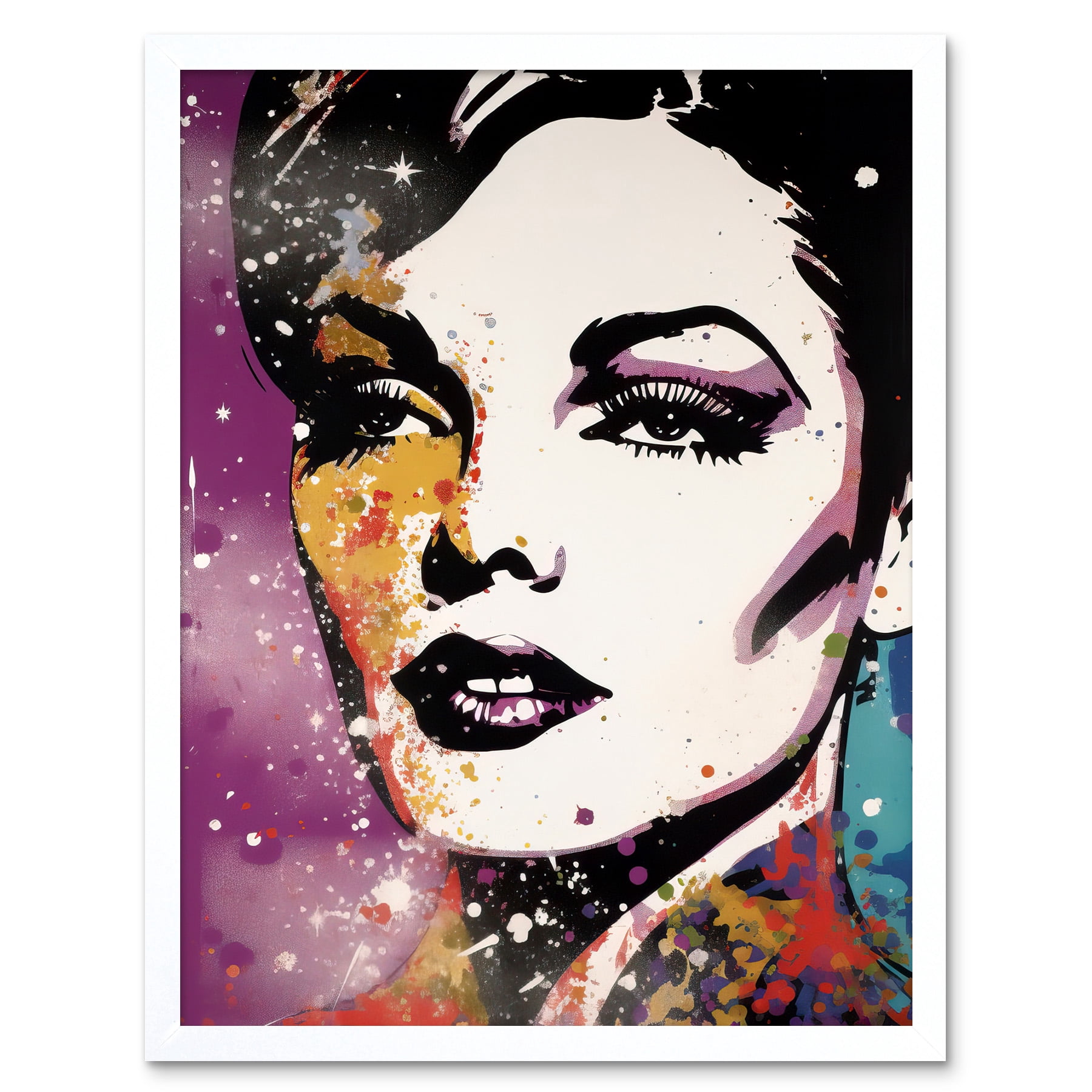 Female Glam Rock Glitter Sparkle Purple Gold Blue Red Linocut Portrait ...