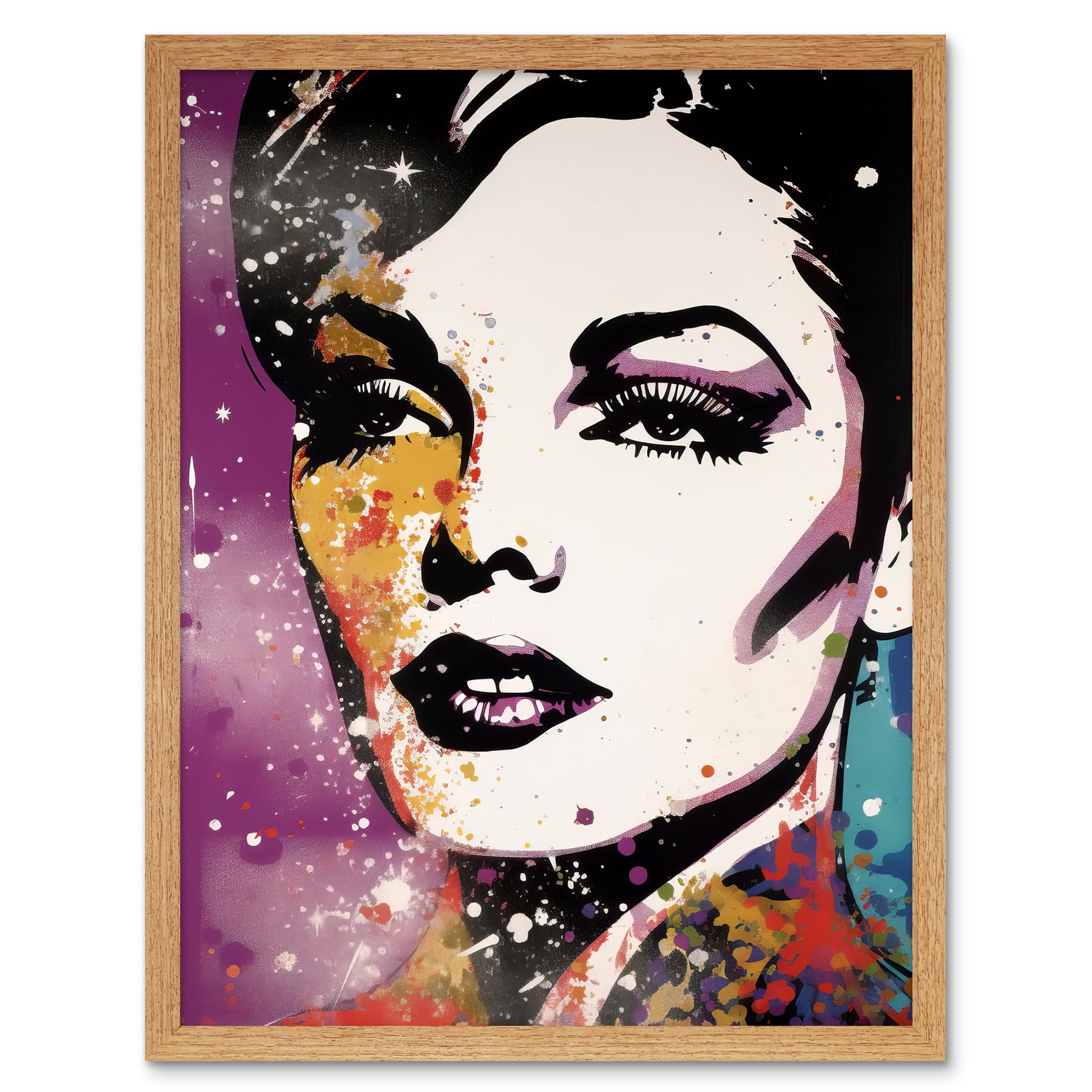 Female Glam Rock Glitter Sparkle Purple Gold Blue Red Linocut Portrait Teen Room Art Print