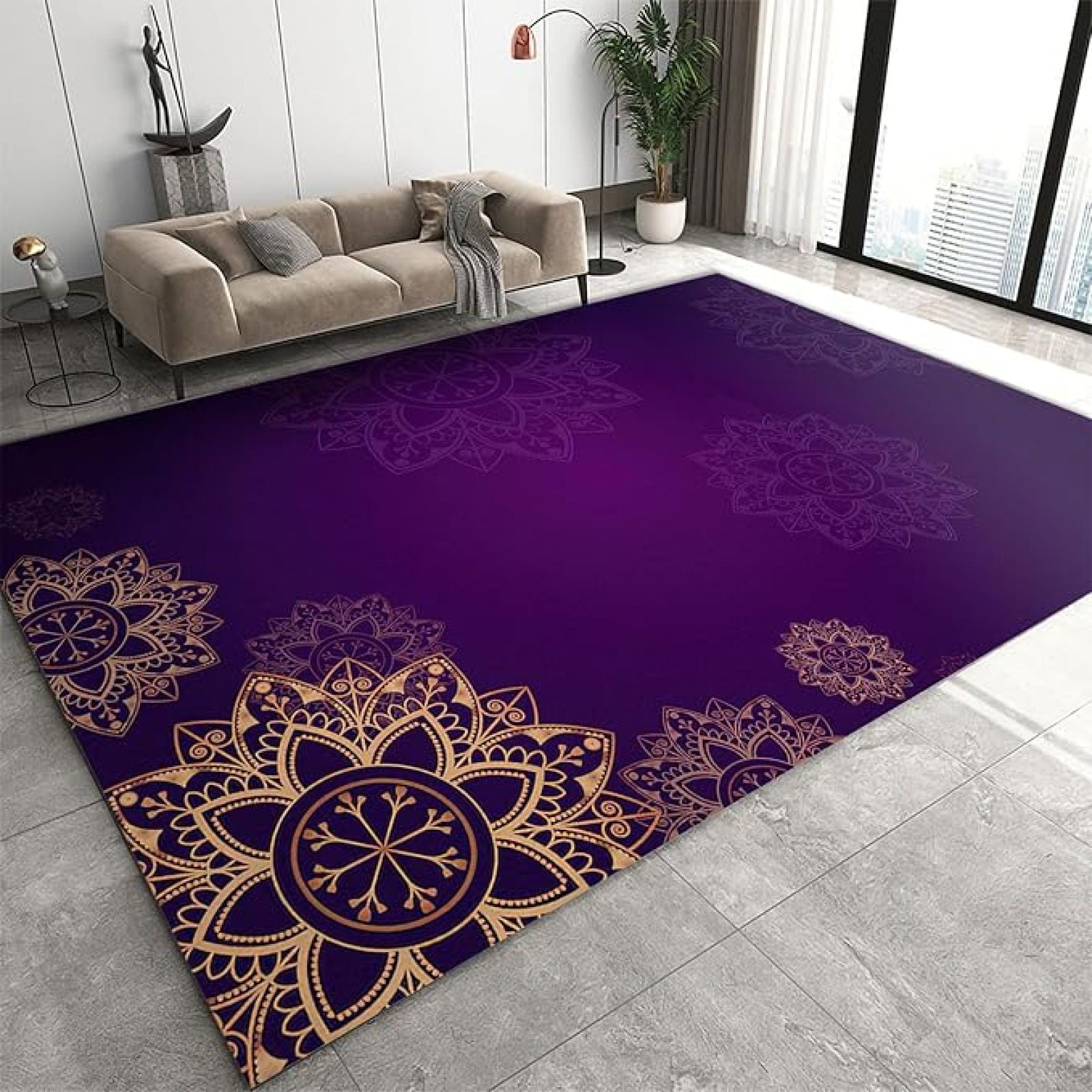 Female Golden Area Rug, Purple Background Non Slip Carpet, Low Pile ...