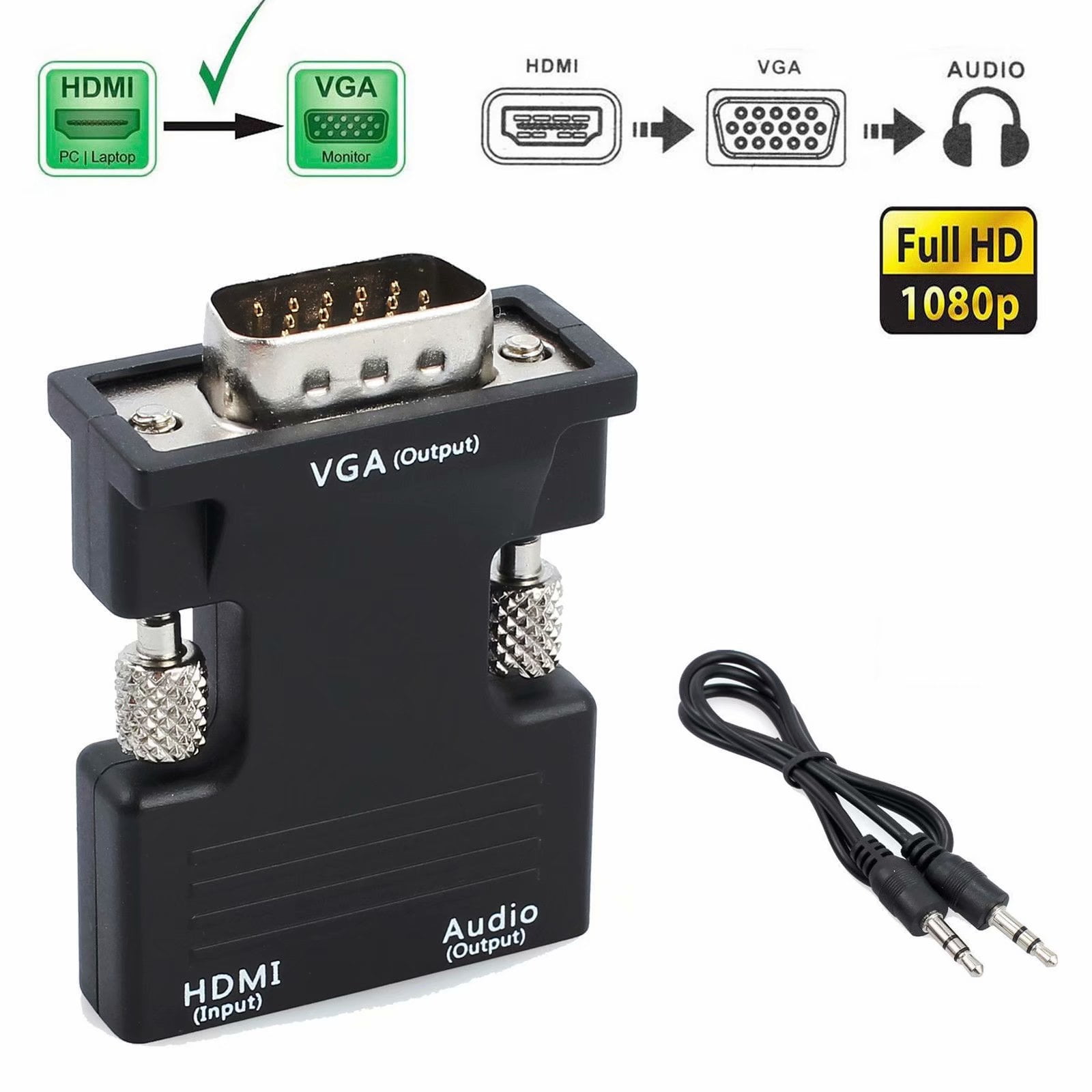 Female HDMI to VGA Male Converter Adapter 1080P Stereo Audio for TVs ...