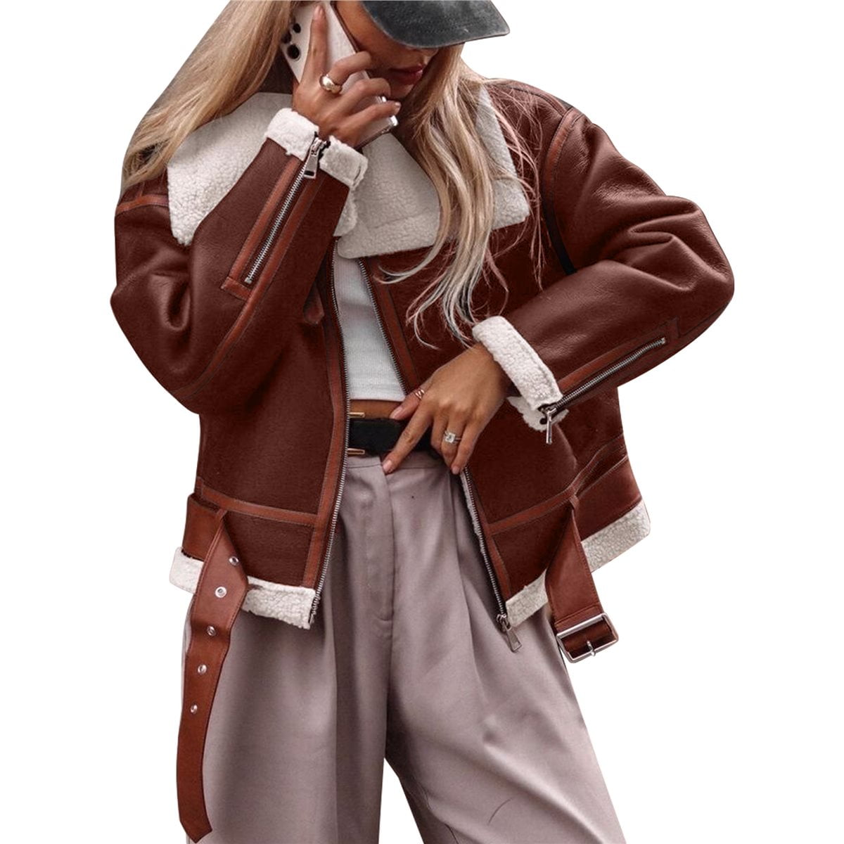 Female Jacket with Lapel and Thickened Lamb Wool for Warmth Brown XL ...