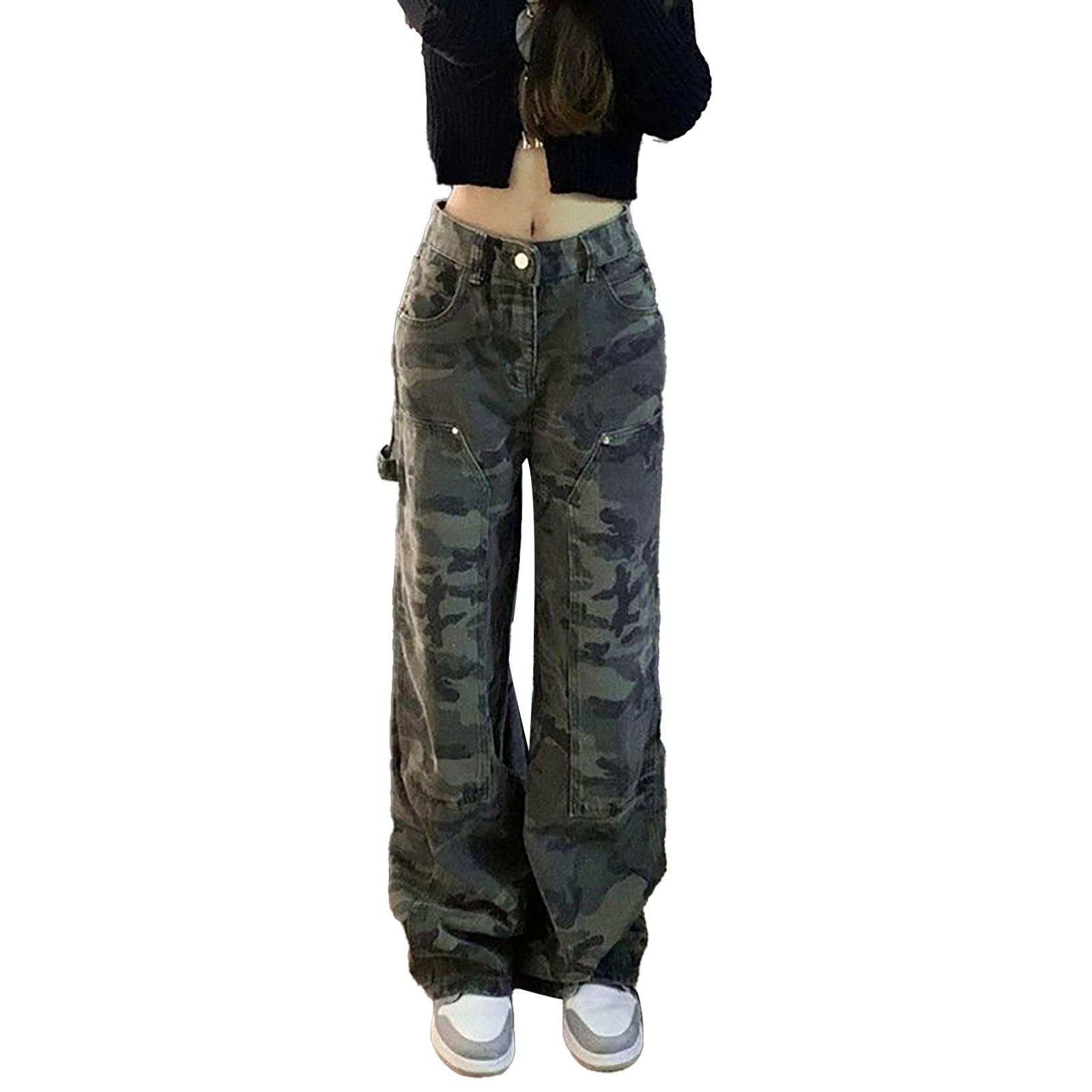 Female Jeans Camouflage Printed Pants Wide Leg Cargo High Waist Outdoor ...