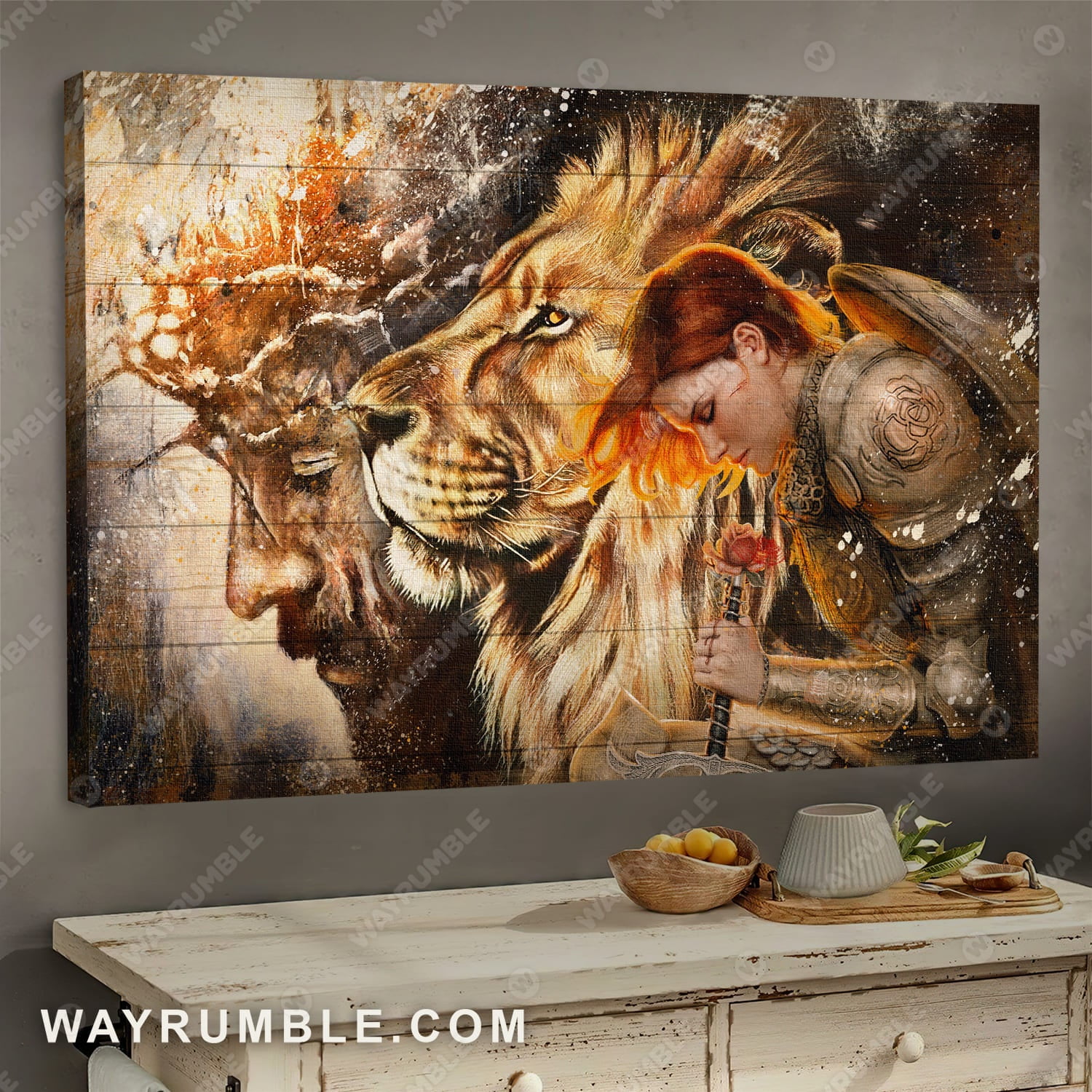 Female Knight, Praying To Jesus, Lion Of Judah - Jesus Landscape Poster ...