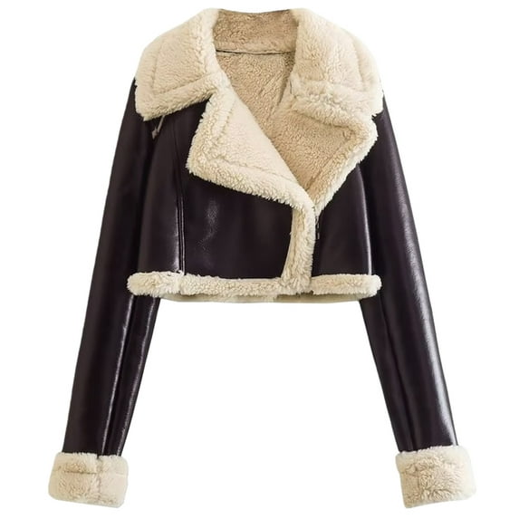 Female Leather Jacket Faux Fur Moto Jacket Winter Trench Coat Cropped ...