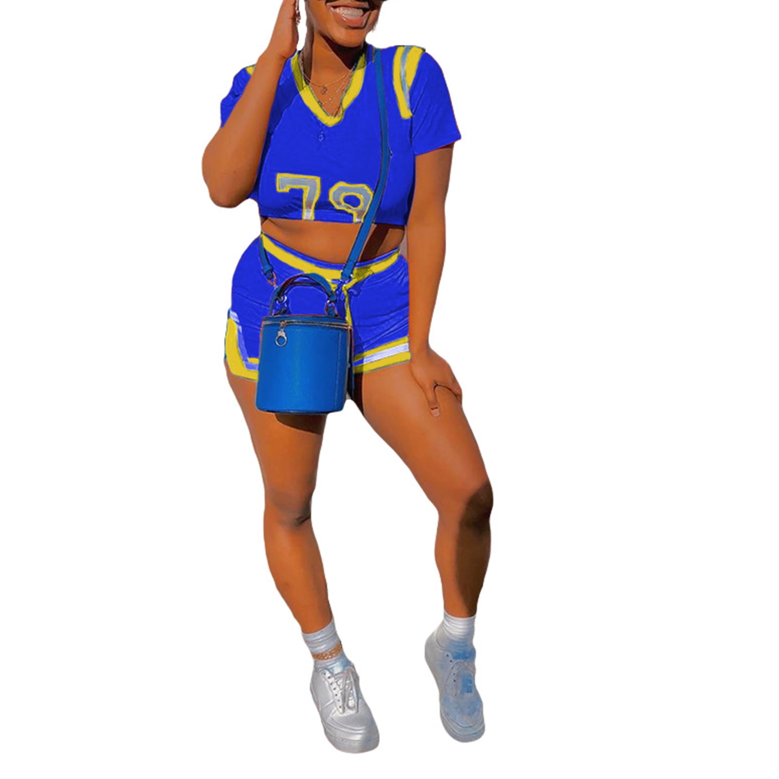 Female Number Print U-Neck Short Sleeve Crop Tops+ Short Pants ...